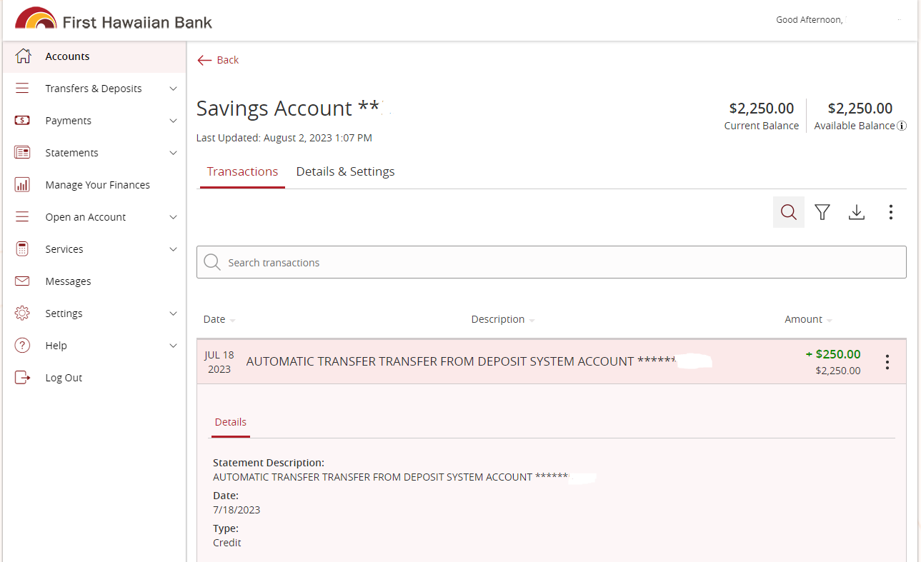 View Transactions for a single account | First Hawaiian Bank